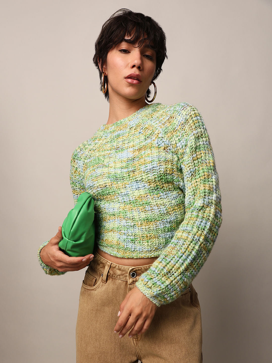 Green Textured Knit Pullover
