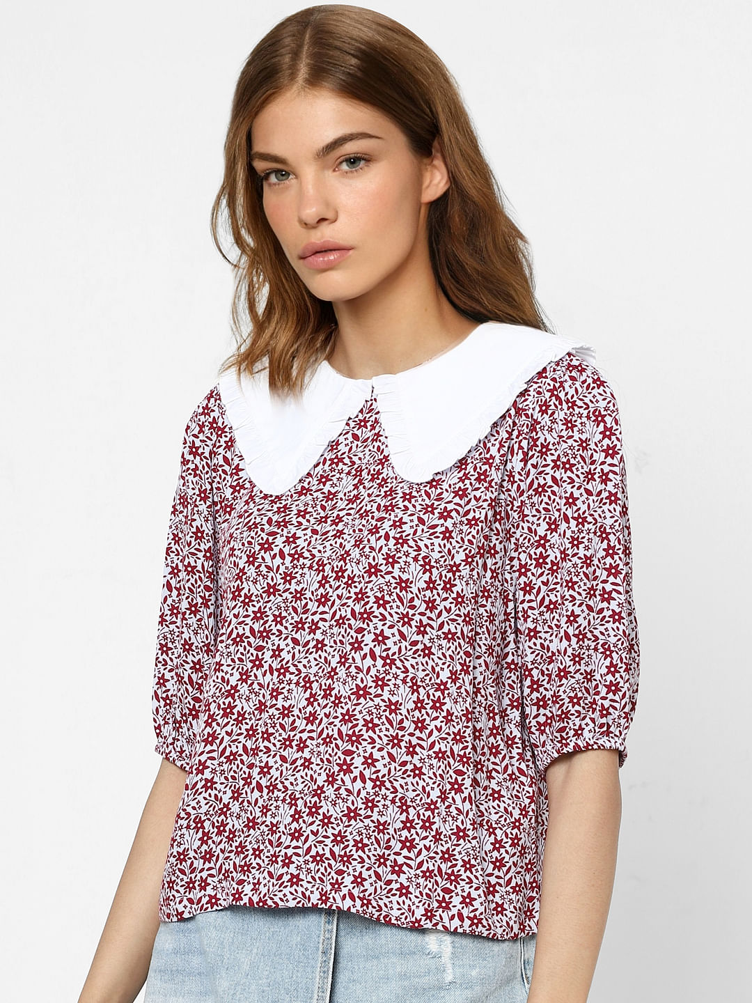 White Floral Peter Pan Collar Top