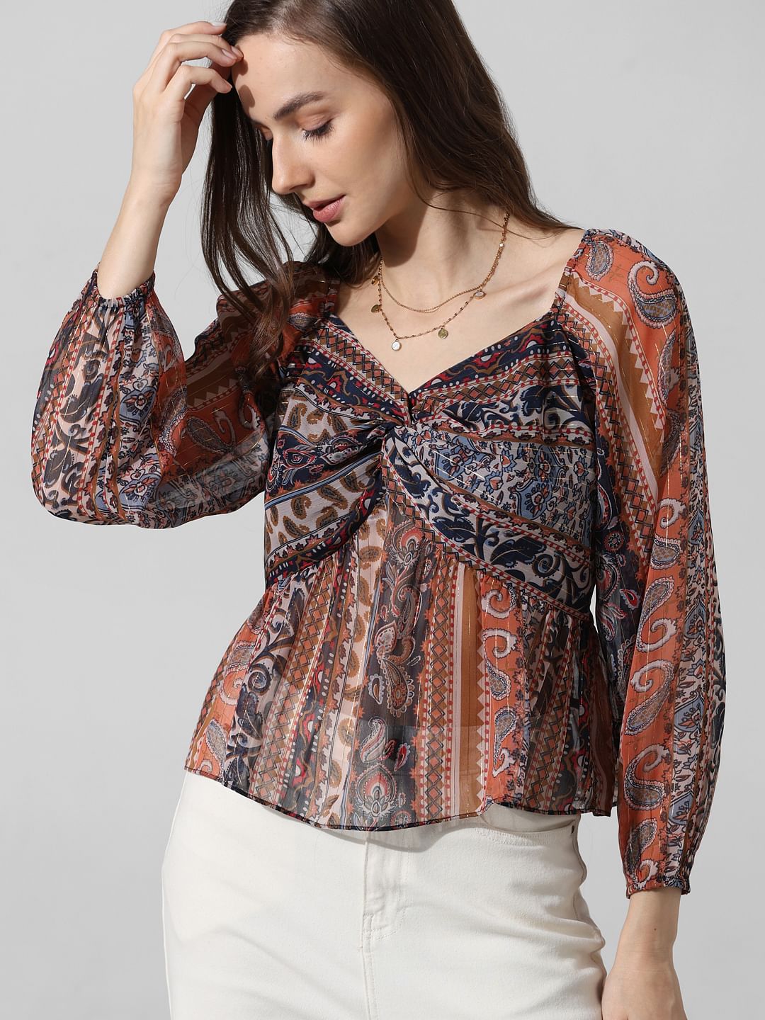 Brown Printed Chiffon Top