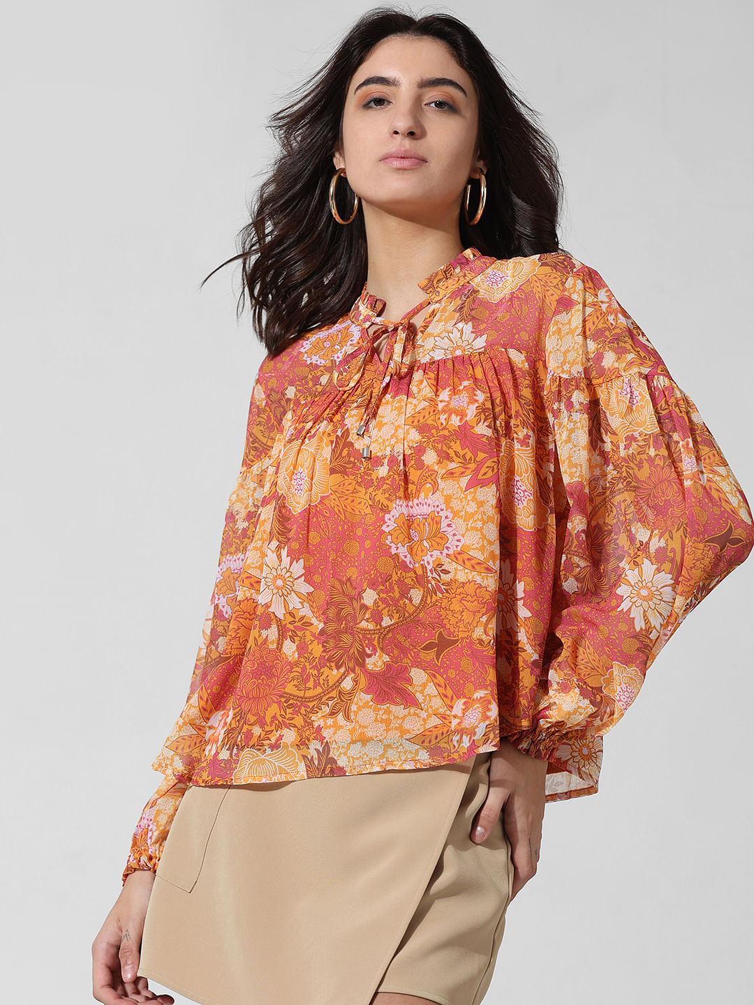 Orange Printed Chiffon Top
