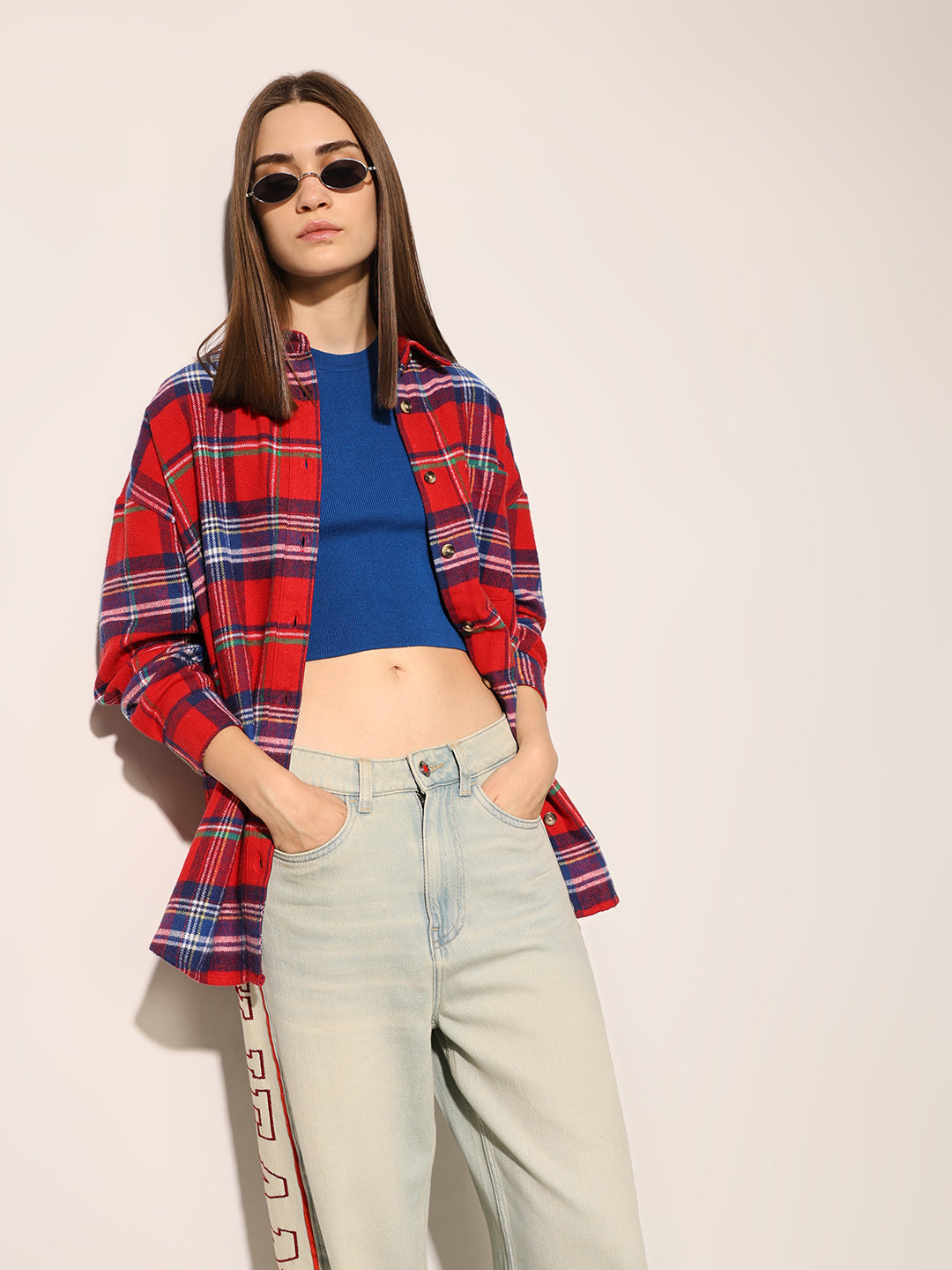 ONLY Red Flannel Check Oversized Shirt