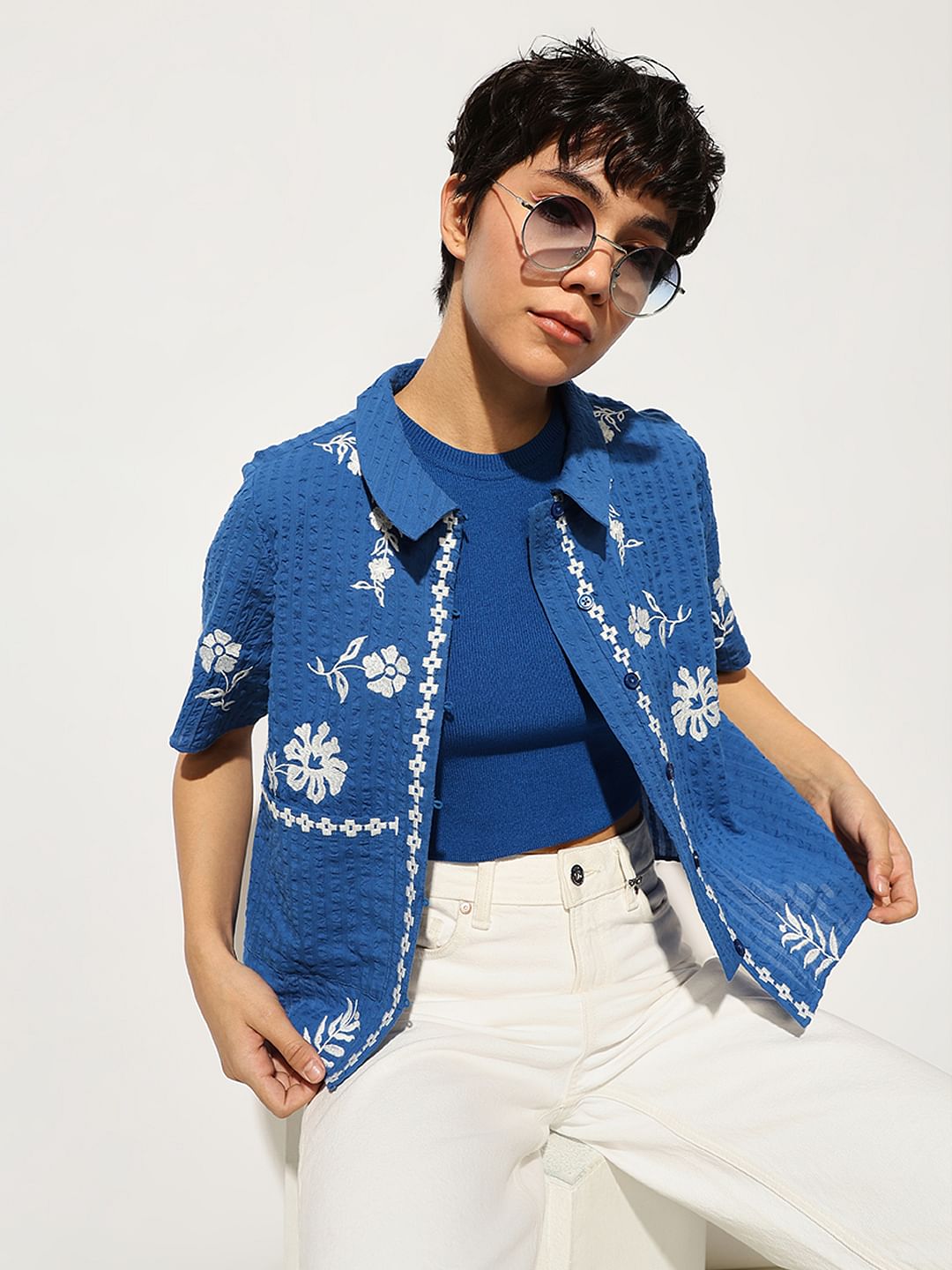 Blue Embroidered Boxy Fit Shirt