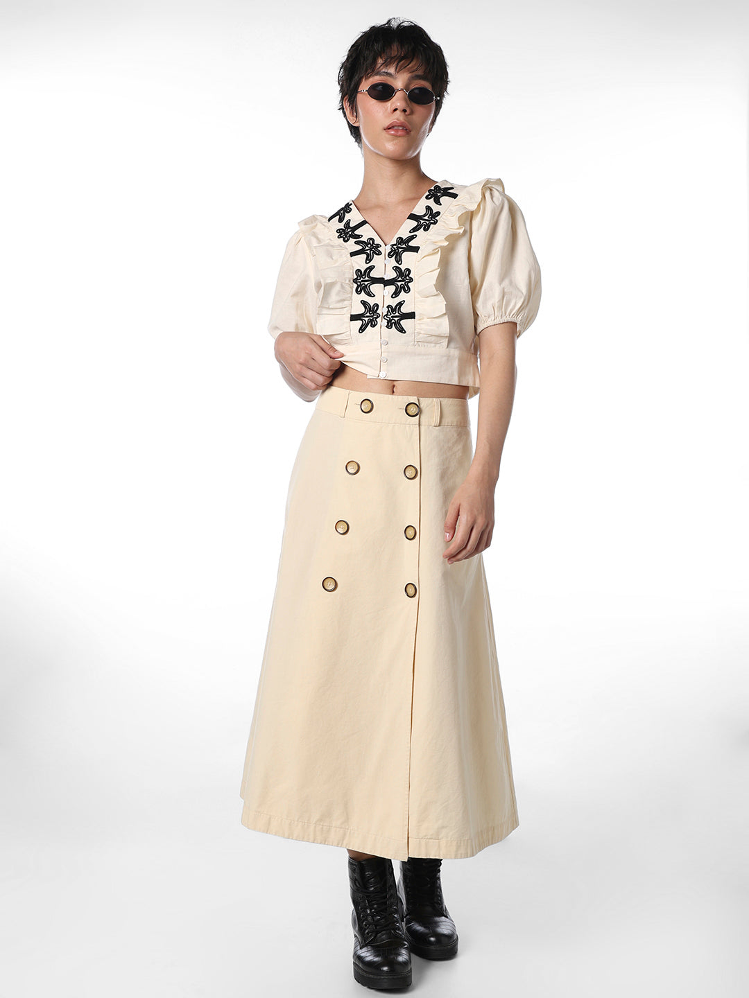 Cream Frilled Cropped Top