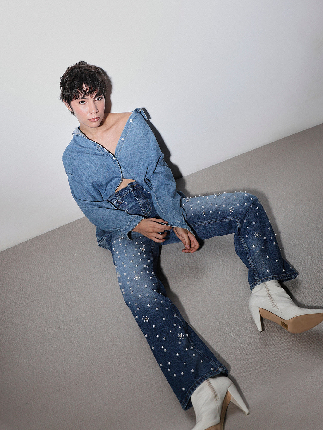 Pearl Detail Straight Fit Jeans