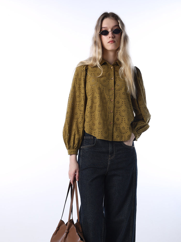 Olive Cotton Schiffli Shirt