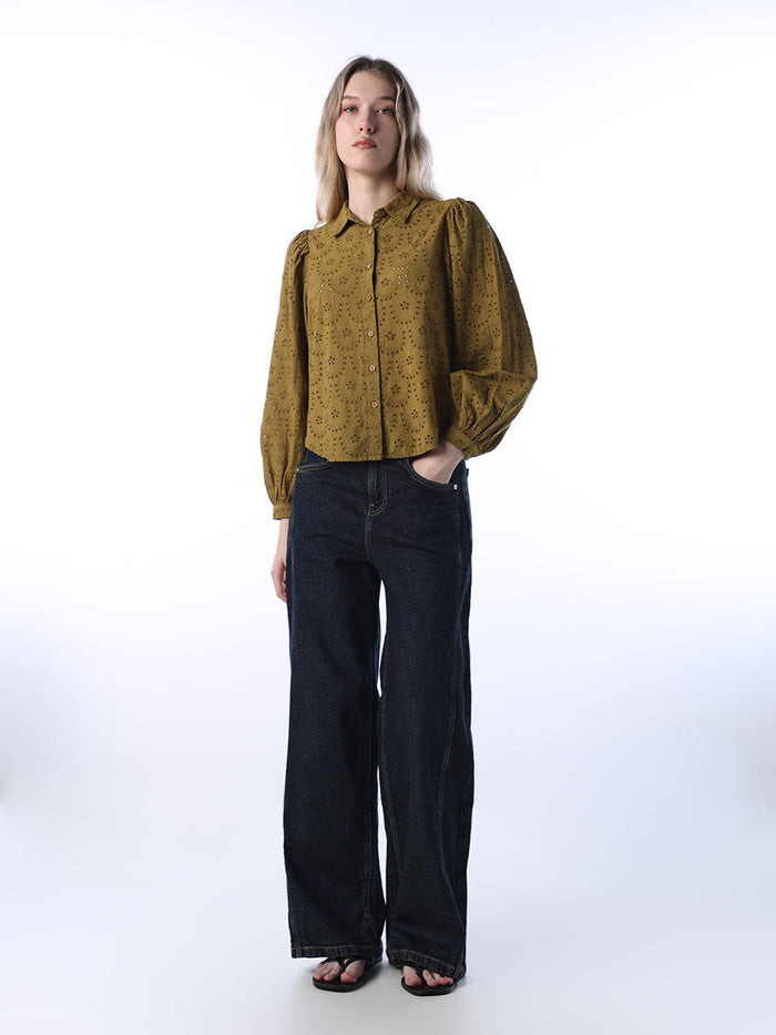 Olive Cotton Schiffli Shirt