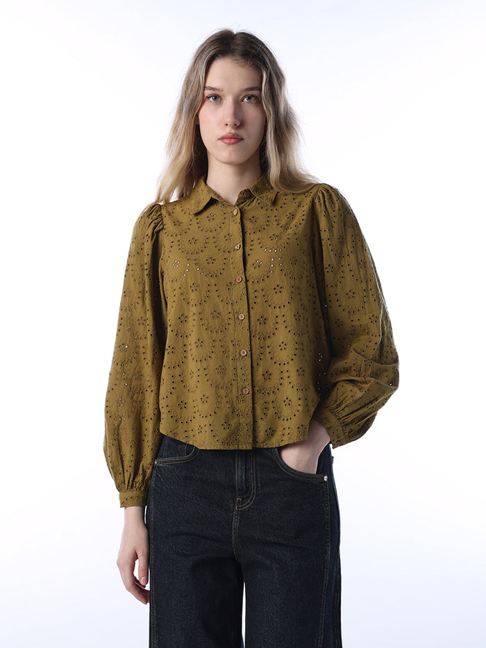 Olive Cotton Schiffli Shirt